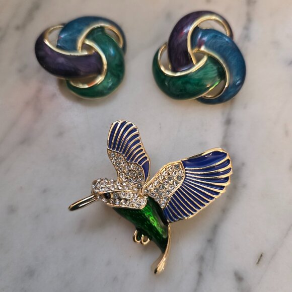 Jewelry | Vintage Hummingbird Brooch Enamel Knot Pierced Earrings Set ...